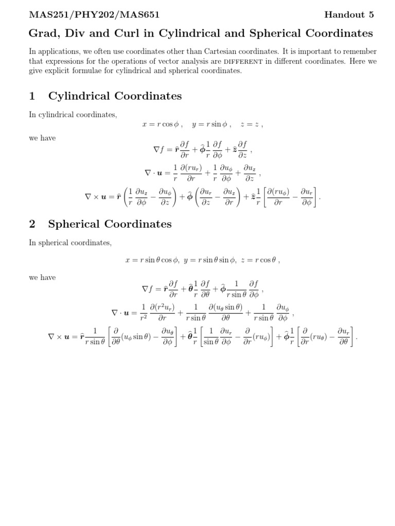 Curl in Spherical and Cylindrical Coordinates | PDF