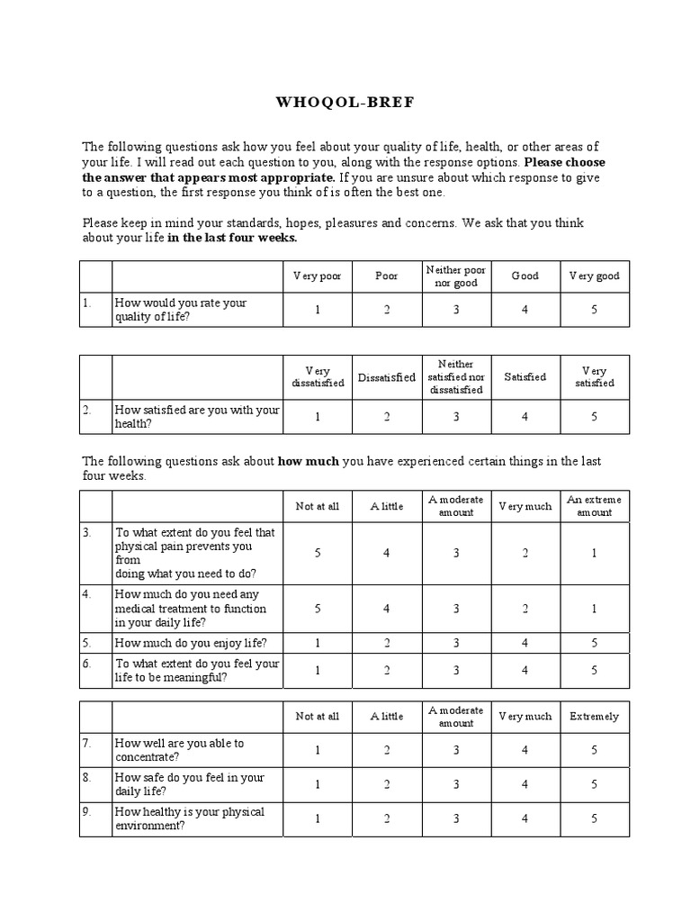 Assessing Quality of Life: The WHOQOL-BREF Questionnaire | PDF ...