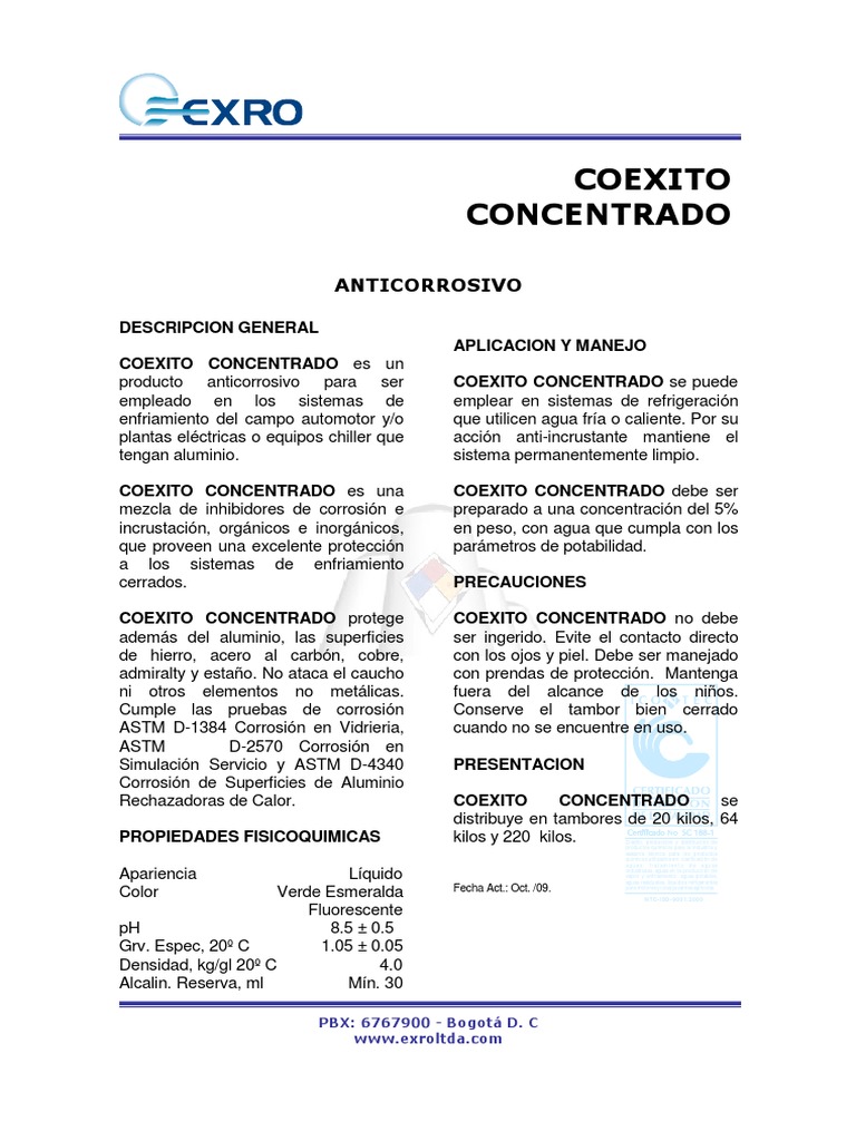 Ficha Tecnica Refrigerante | Descargar gratis PDF | Corrosión | Aluminio