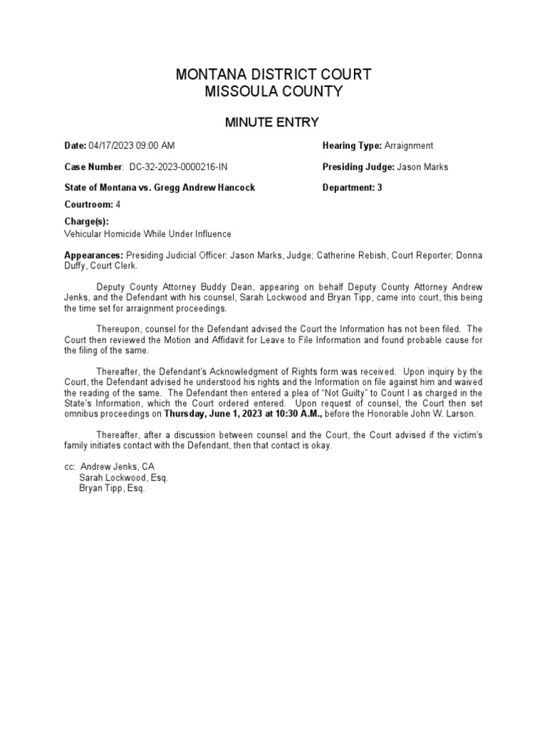 Gregg Andrew Hancock Arraignment | PDF