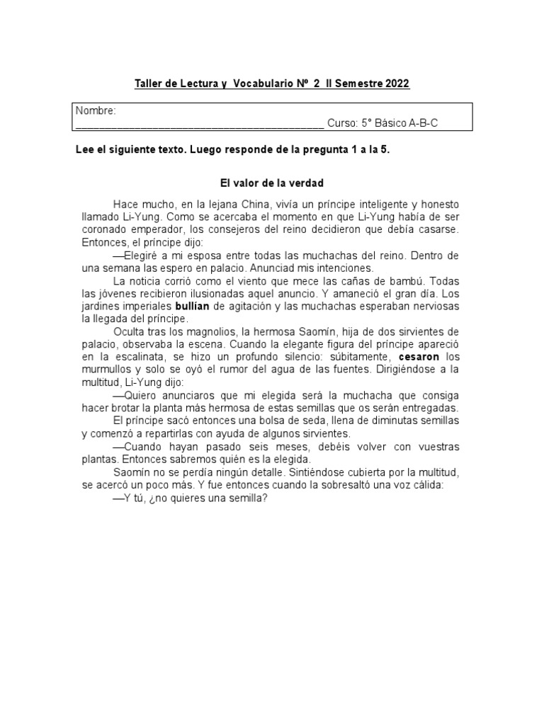 5° Taller de Lectura y Vocabulario N°2 - II Semestre | PDF