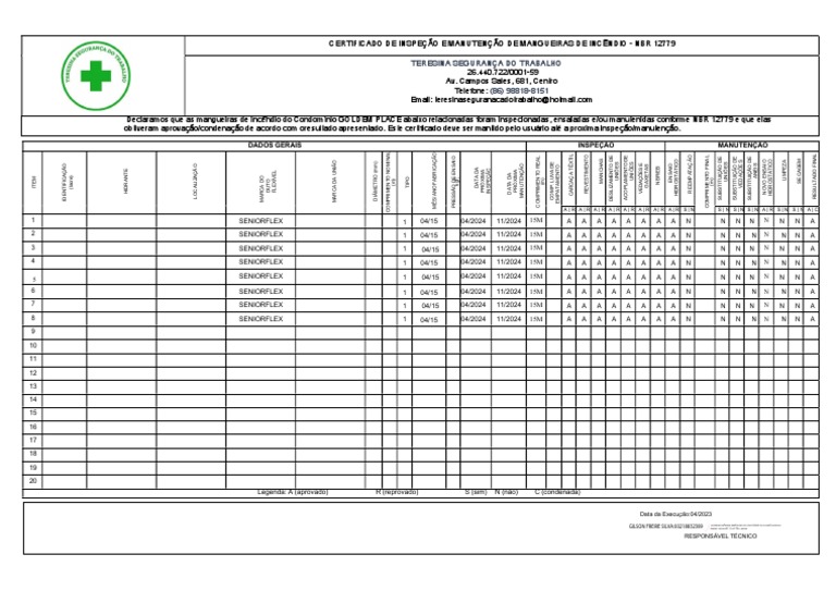 Certificado de Inspeção e Manutenção de Mangueiras de Incêndio - NBR ...