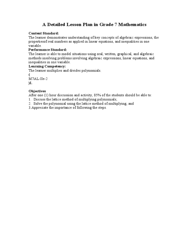 Grade 7 Math Lesson Plan: Polynomials | PDF