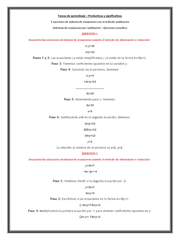 3 - 5 Ejercicios de Sistema de Ecuaciones Con El Método Eliminacion o Reduccion | PDF ...