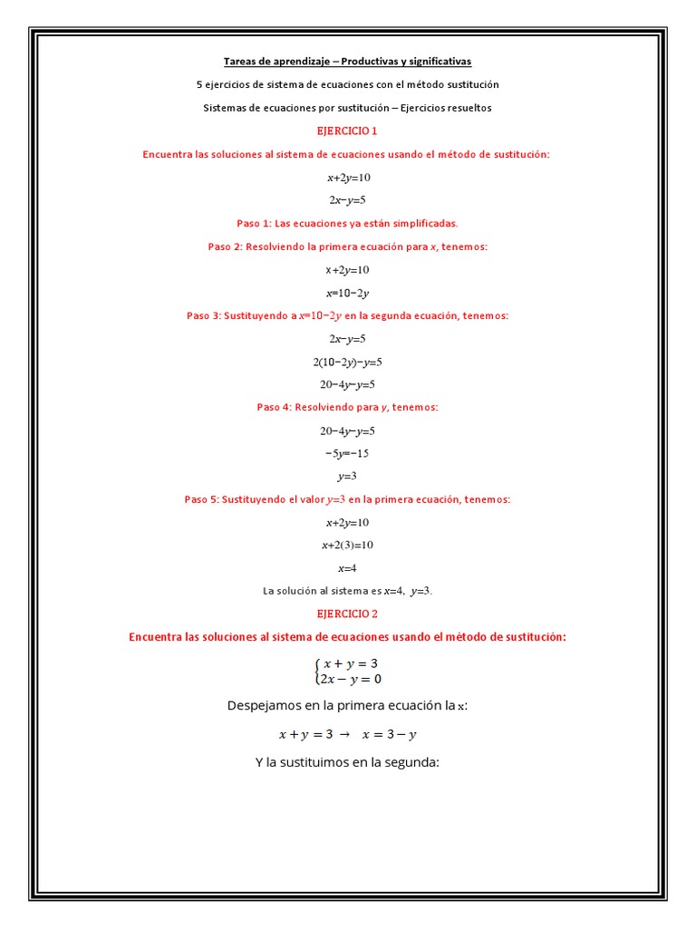 2 - 5 Ejercicios de Sistema de Ecuaciones Con El Método Sustitucion | PDF | Sistema de ...