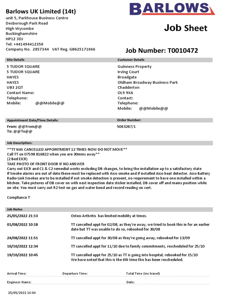 Job Sheet Job Sheet: Job Number: T0010472 Job Number: T0010472 | PDF