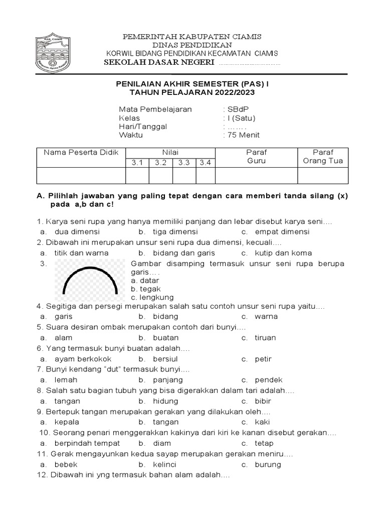 Soal PAS SBDP Kls 1 TP 2022-2023 | PDF
