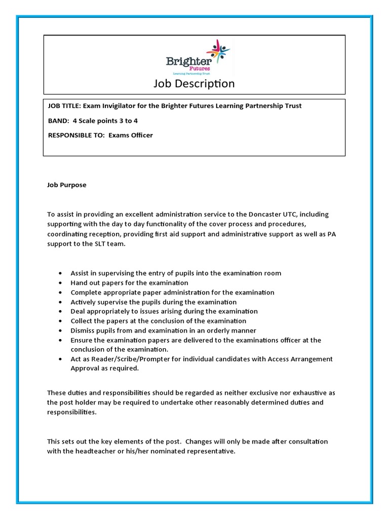 Exam Invigilator Job Description October 2021 Pdf