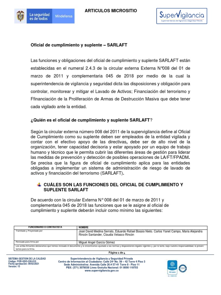 Funciones Del Oficial de Cumplimiento SARLAFT | PDF