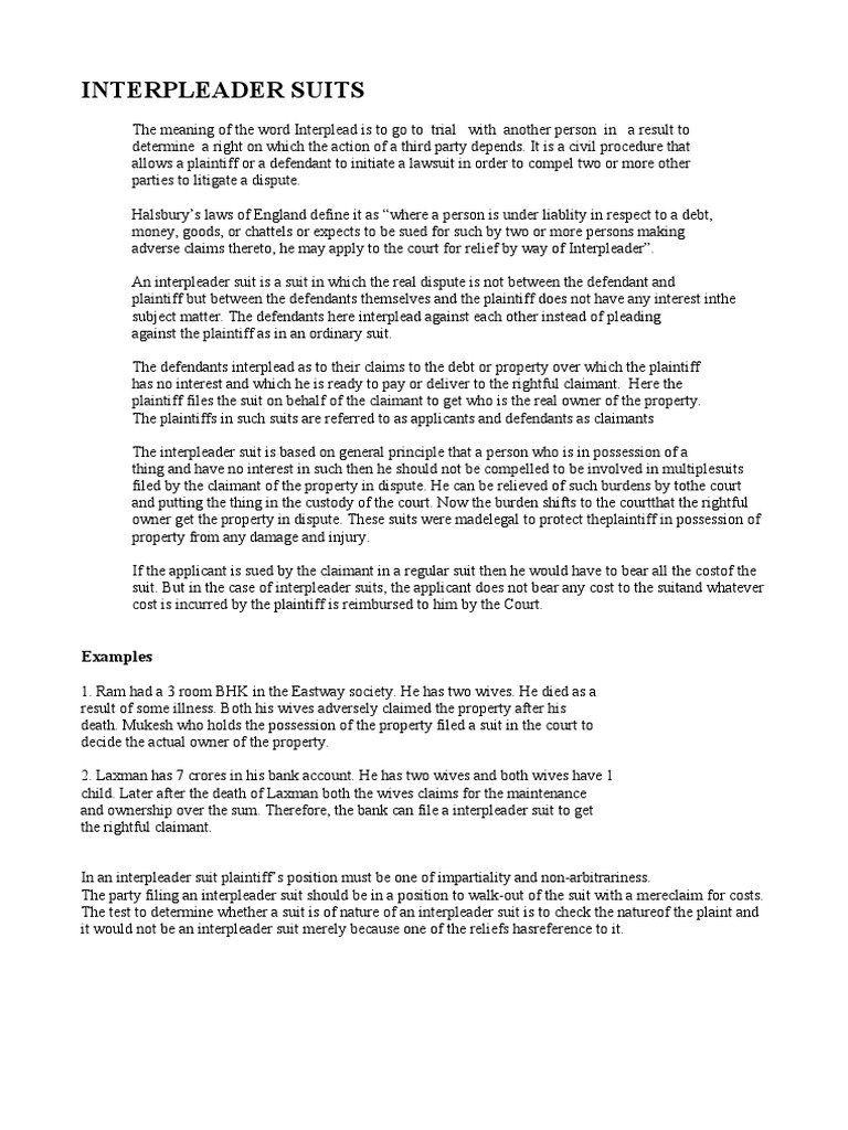Interpleader Suits: Examples | PDF | Lawsuit | Leasehold Estate