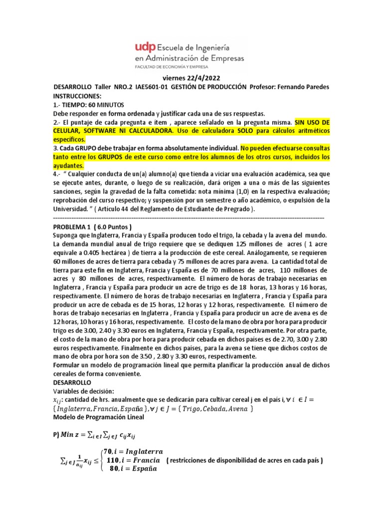 Desarrollo Taller 2 Gestión de La Producción 01 2022 | PDF | Acre ... Desarrollo Taller 2 Gestión de La Producción 01 2022 | PDF | Acre ...
