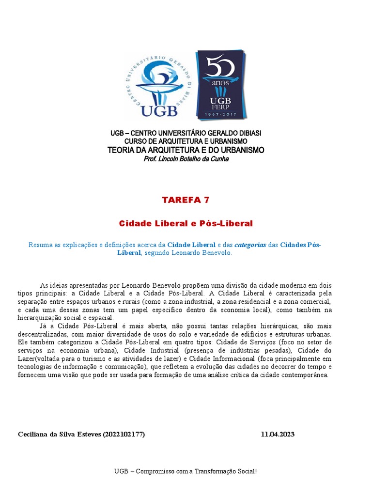 Cidade Liberal e Pós-Liberal: Conceitos-chave | PDF