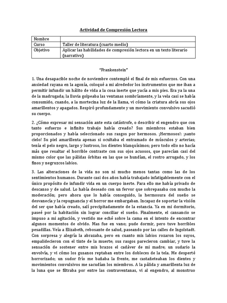 Actividad de Compresión Lectora. Frankenstein | PDF | Ficción de terror