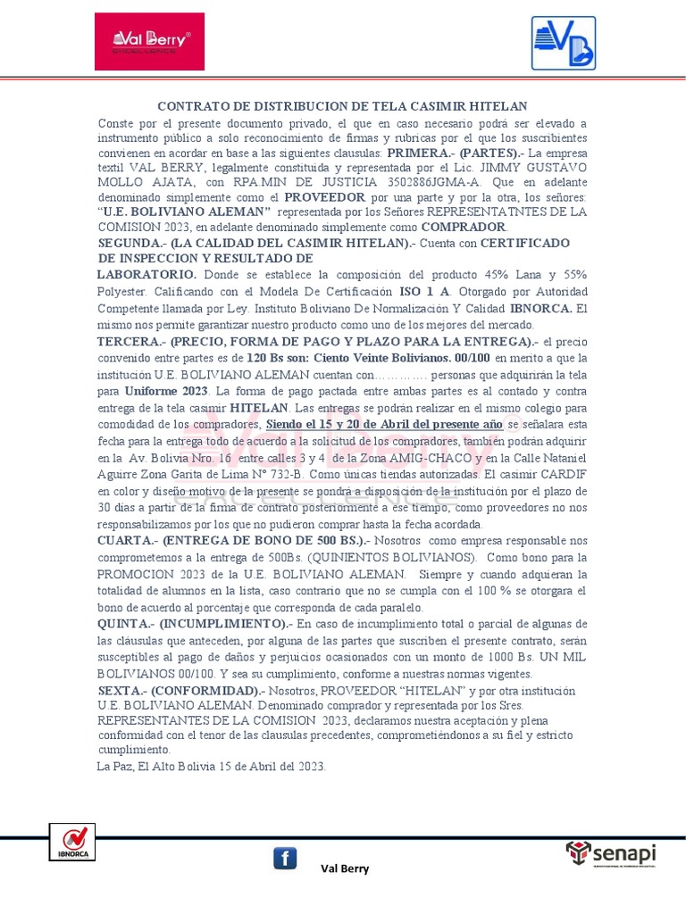 Contrato Distribución Tela Casimir | PDF | Bolivia
