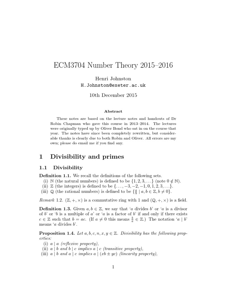 ECM3704 Number Theory 2015-2016: 1 Divisibility and Primes | PDF ...