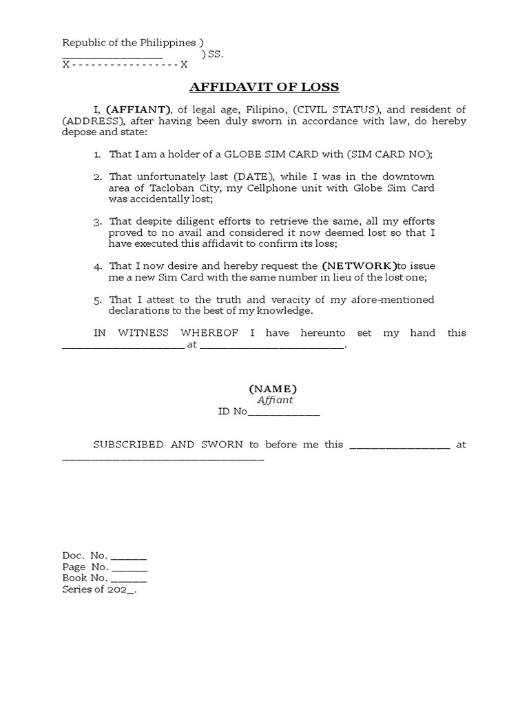 Globe SIM Card Loss Affidavit | PDF