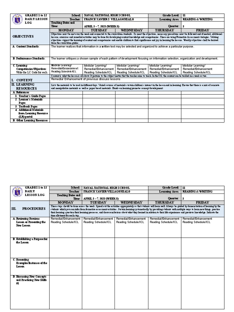 Dll Reading And Writing Week 8 Pdf Learning Teachers