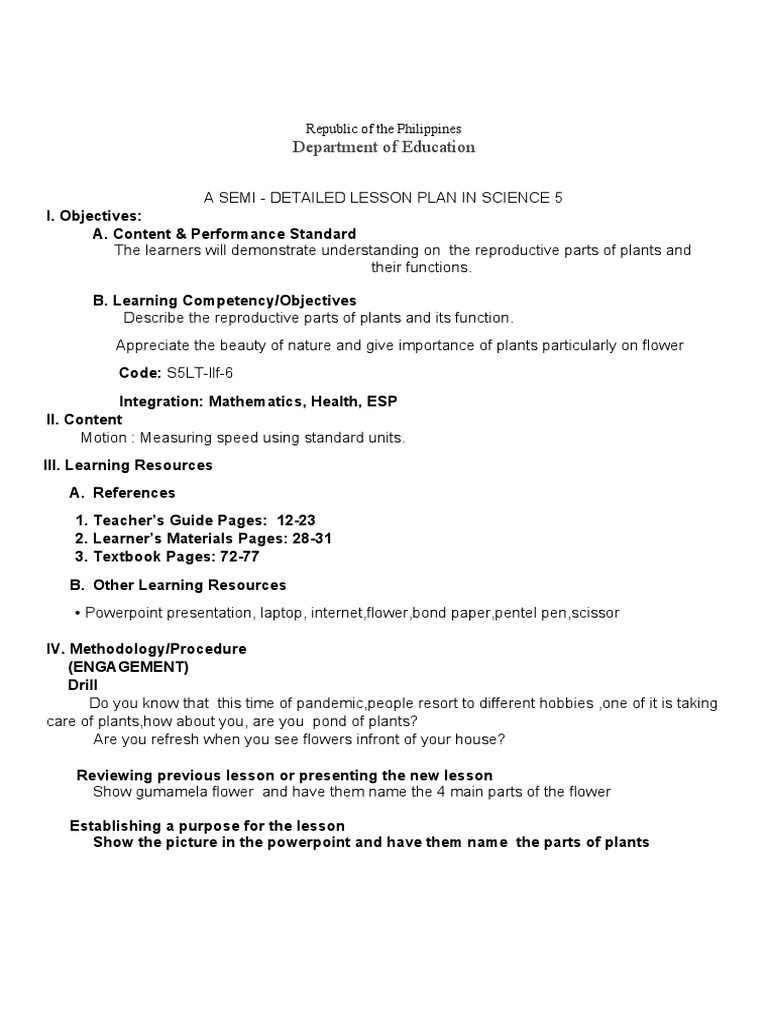 Cot Lesson Plan Science 5 Quarter 3 Week 1 | PDF | Flowers | Learning
