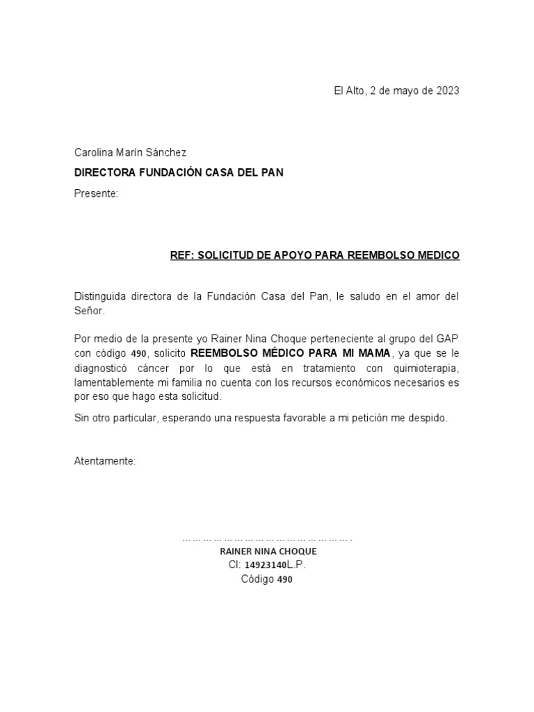 Modelo Carta Solicitud de Reembolsos 2023 | PDF | Ciencias de la Salud | Enfermedades y ...