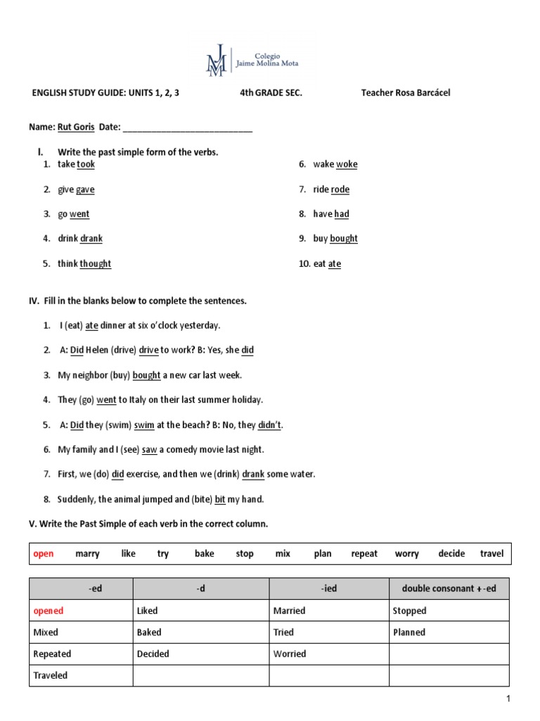 Past Tense Verb Practice: An English Study Guide for Units 1, 2, 3 ...