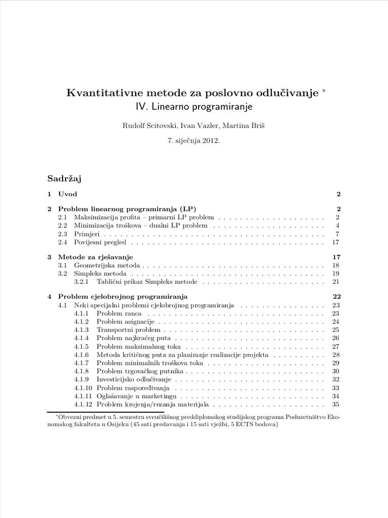 Kvantitativne Metode Za Poslovno Odlučivanje: IV. Linearno ...