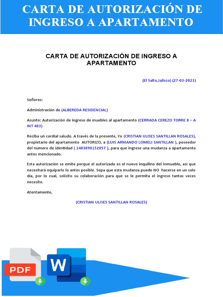 Carta de Autorizacion de Ingreso A Apartamento | PDF