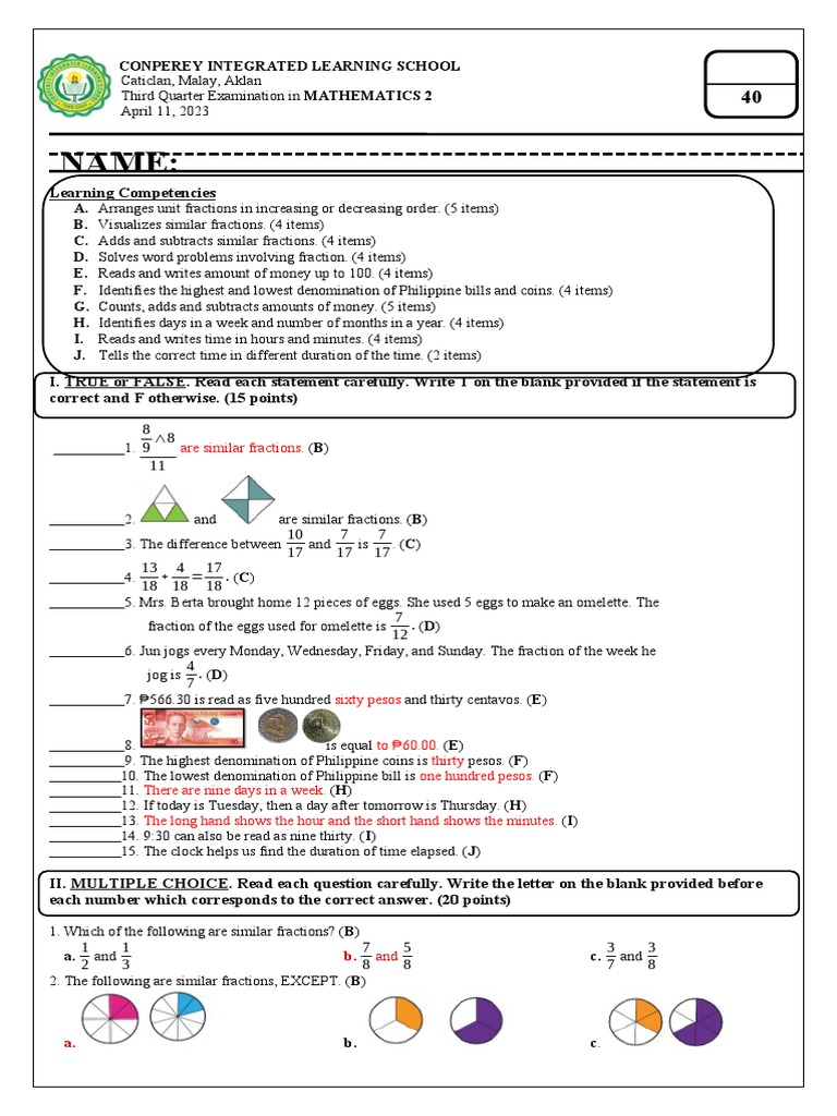 3rd Quarter Exam in Math (Grade 2) | PDF | Mathematics | Currency