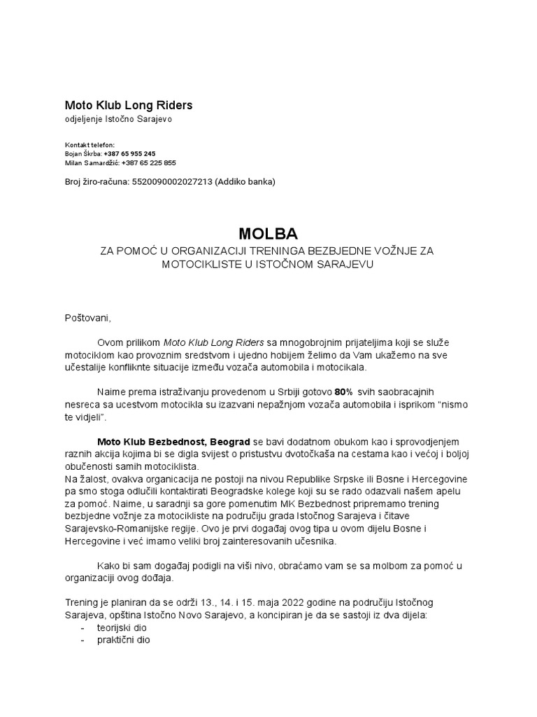 Molba - Trening Bezbjedne Voznje | PDF