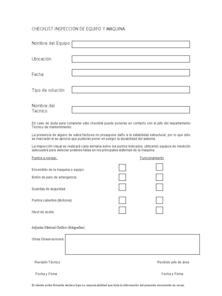 CHECKLIST INSPECCIÓN DE EQUIPO Y MAQUINA
