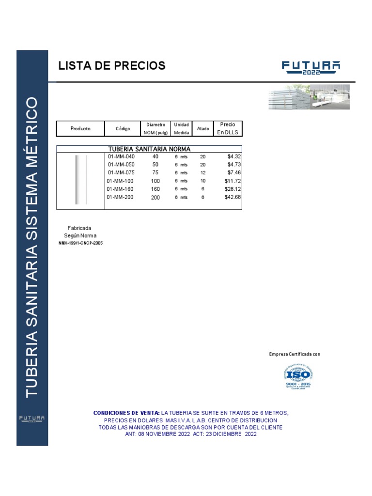 Lista de Precios: Tuberia Sanitaria Norma | PDF