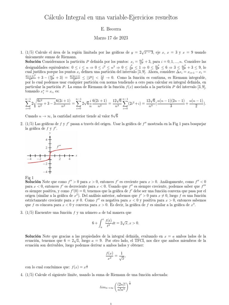 C Alculo Integral en Una Variable-Ejercicios Resueltos: E. Becerra Marzo 17 de 2023 | PDF ...