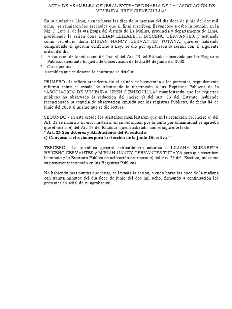 Acta de Asamblea General Extraordinaria de La | PDF