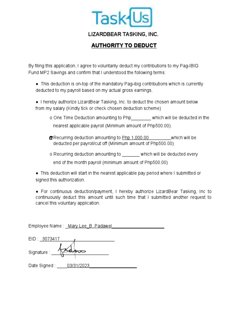 Authority To Deduct: Lizardbear Tasking, Inc | PDF