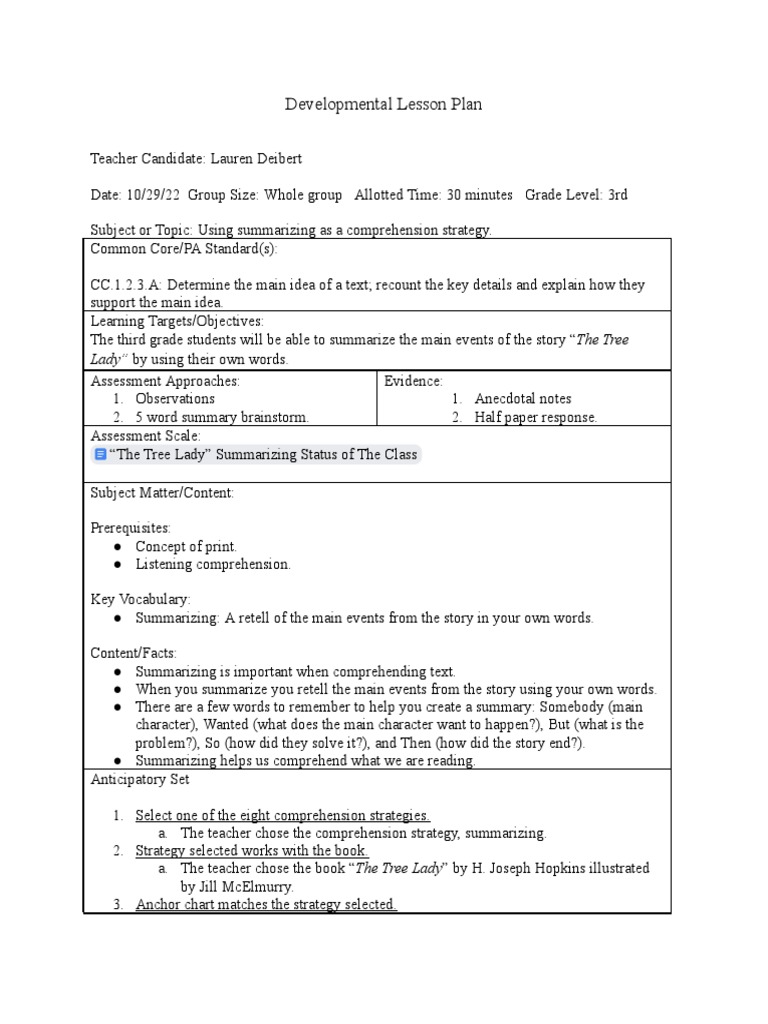 The Tree Lady Think-Aloud Summarizing | PDF | Reading Comprehension ...