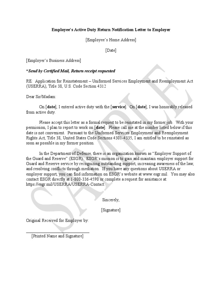 Employee's Active Duty Return Notification Letter To Employer | PDF