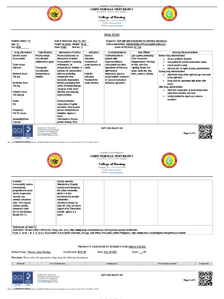 Drug Study Racecadotril PDF | PDF | Dose (Biochemistry) | Chemistry