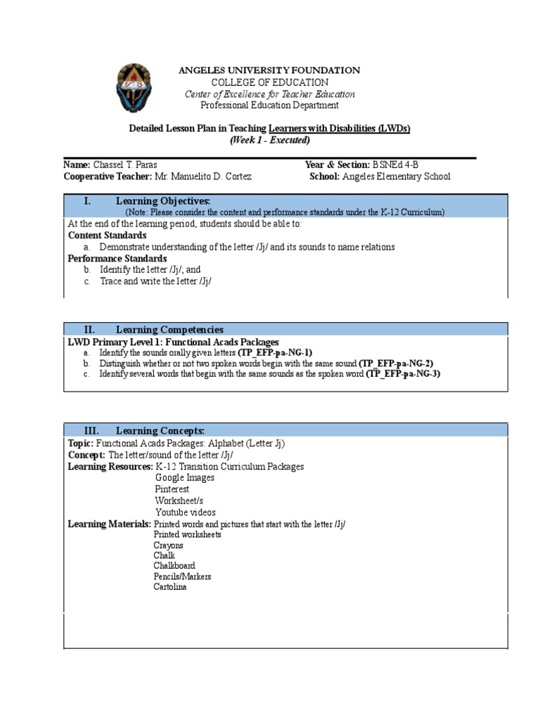 Week 1 Pt. 1 - LETTER JJ - Executed - FS 3 Detailed Lesson Plan | Download Free PDF | Lesson ...