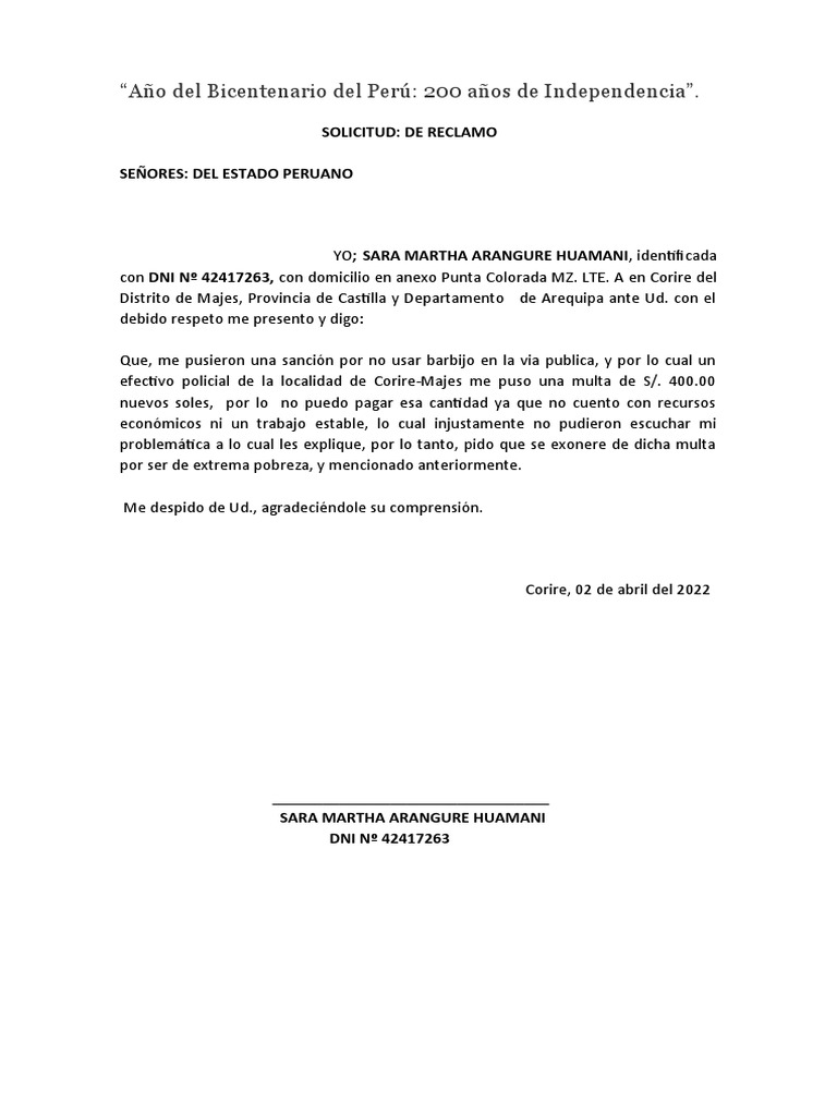 Solicitud de Reclamo | PDF