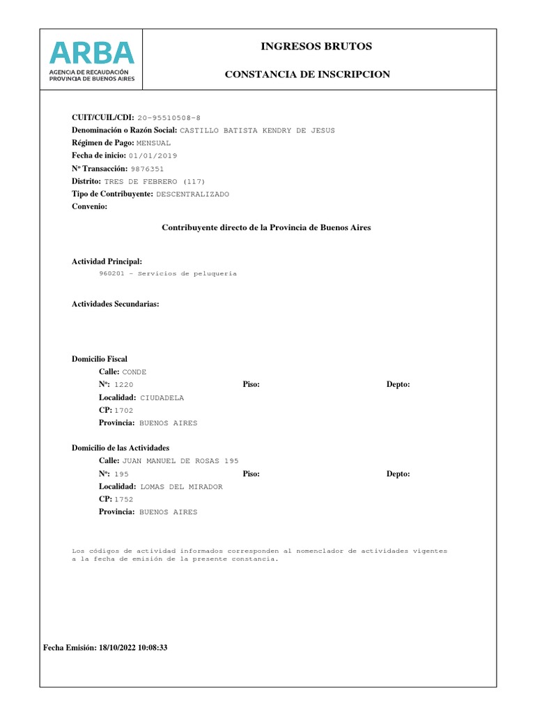 Constancia de Inscripción a Ingresos Brutos | PDF