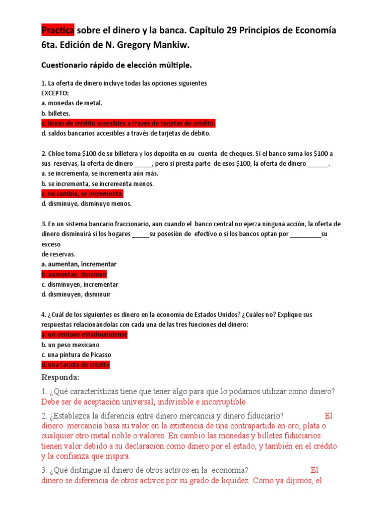 Practica Sobre El Dinero y La Banca | PDF | Dinero | Bancos