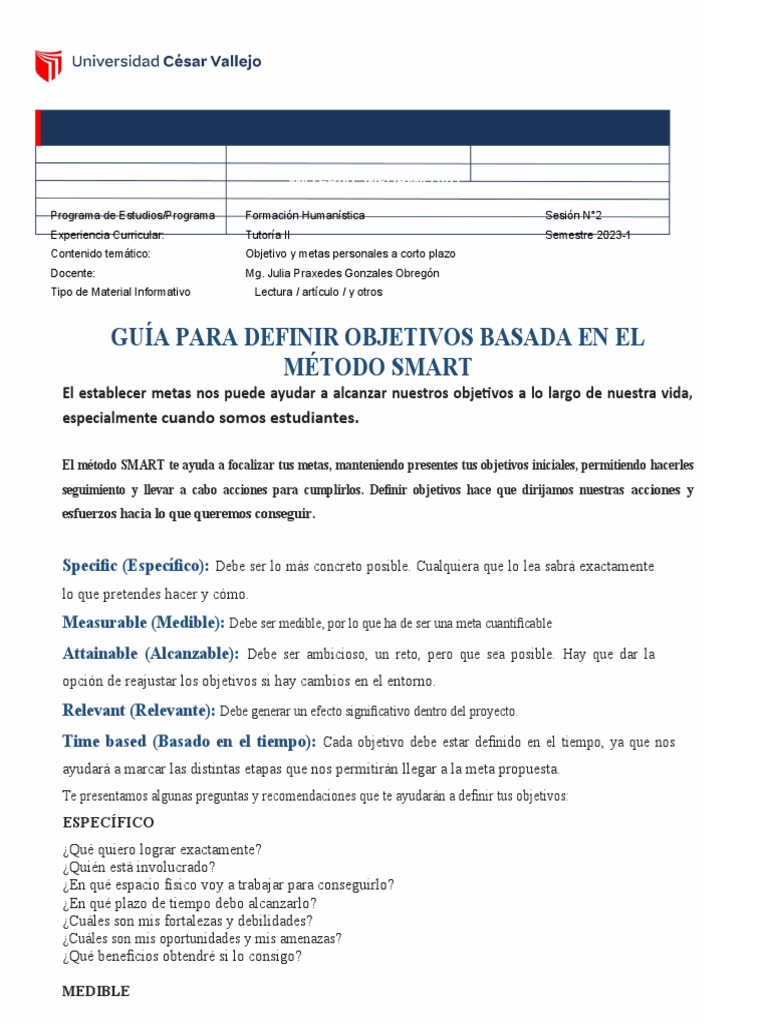 Guía para Definir Objetivos Basada en El Método Smart | PDF | Hora | Medición