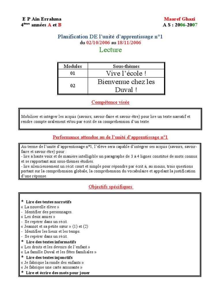 Plan d'apprentissage 4e année A et B | PDF