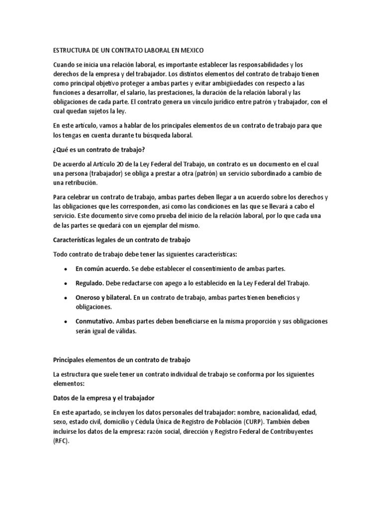 Estructura de Un Contrato Laboral en Mexico | PDF | Derecho laboral ...