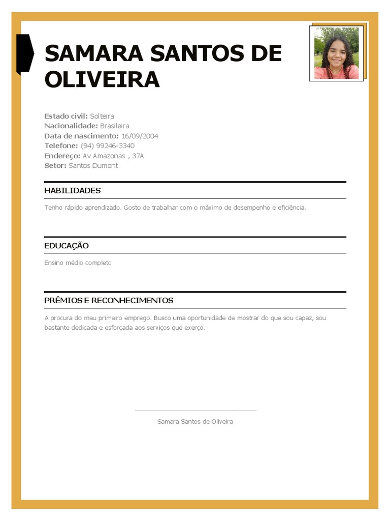 Currículo - Samara Santos de Oliveira | PDF
