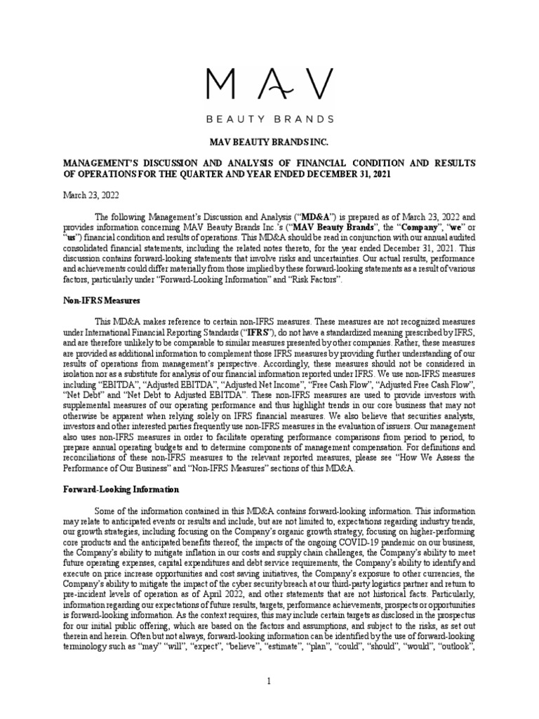 MAV Beauty Brands MD&A Highlights FY 2021 Results, Growth Strategies | PDF