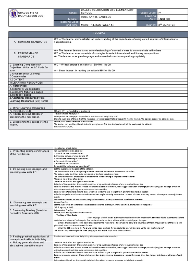 DLL - ENGLISH 4 - Q3 - w5 DAY 2 | PDF | Learning | Teachers