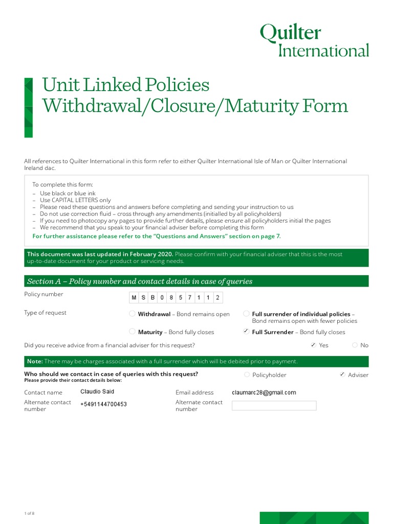 Unit Linked Policies Withdrawal/Closure/Maturity Form: Section A ...