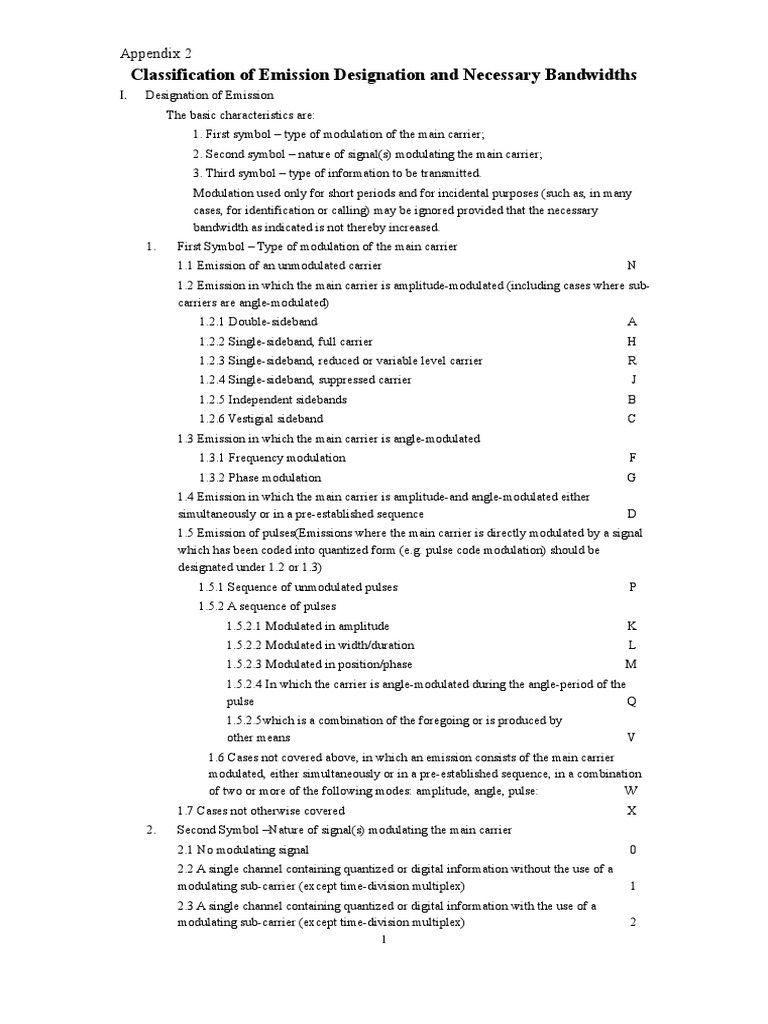 Classification of Emission Designation and Necessary Bandwidths | PDF ...