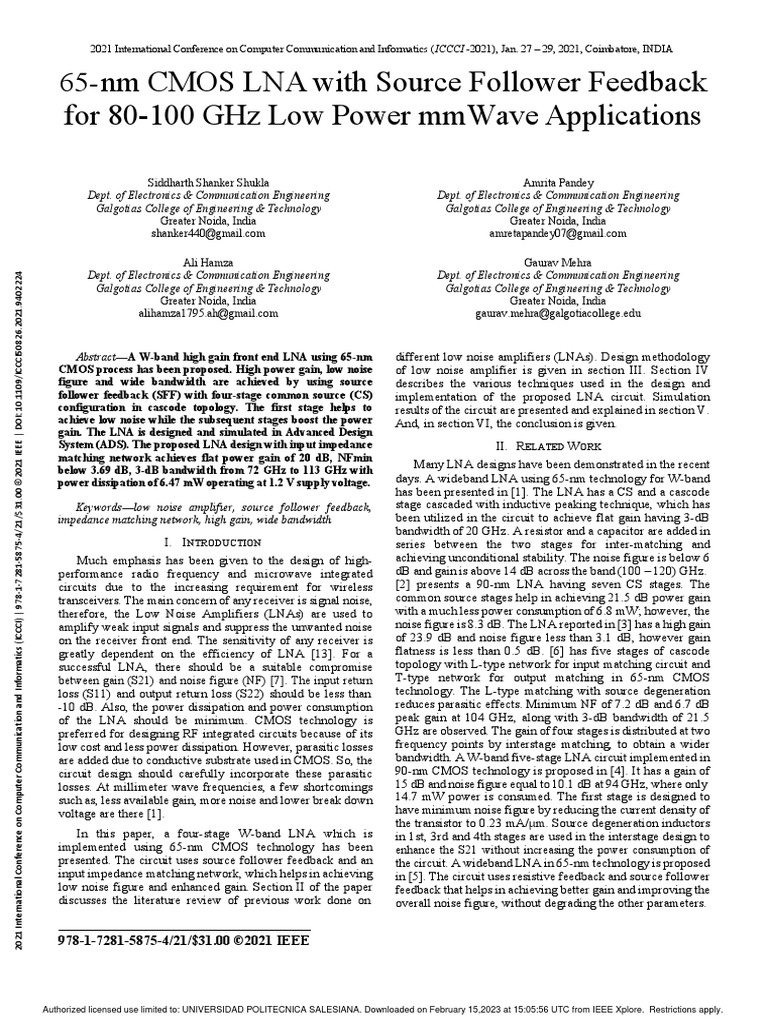 65-nm CMOS LNA With Source Follower Feedback For 80100 GHZ Low Power Mmwave Applications | PDF