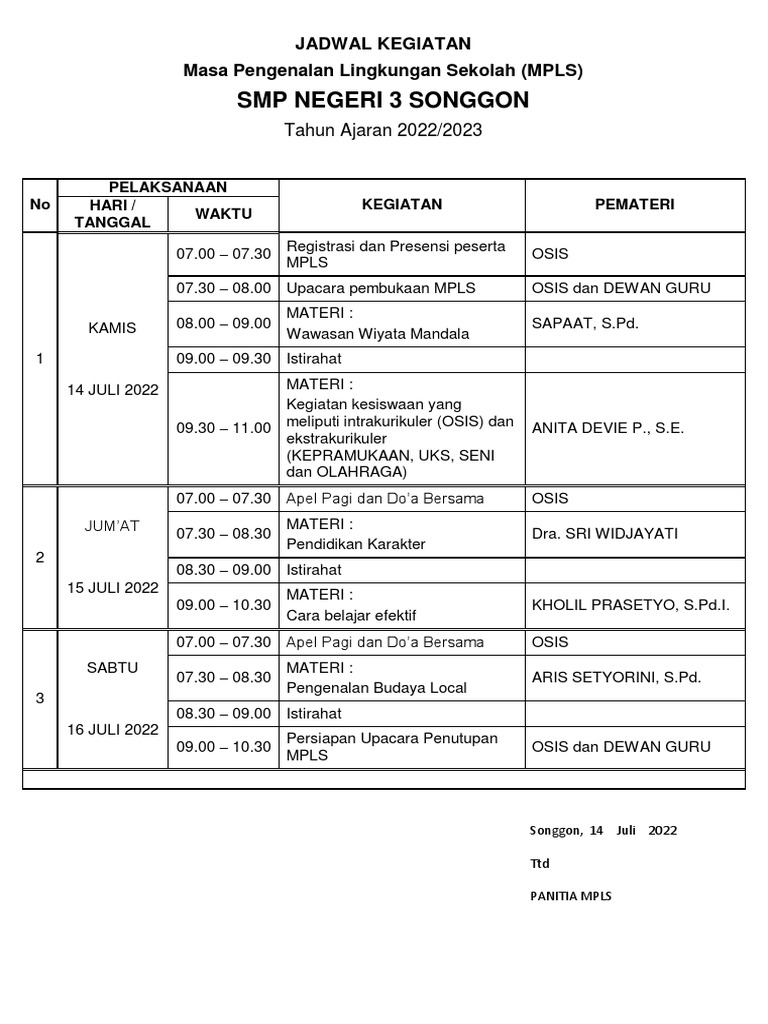 Jadwal MPLS SMP 3 Songgon 2022 | PDF